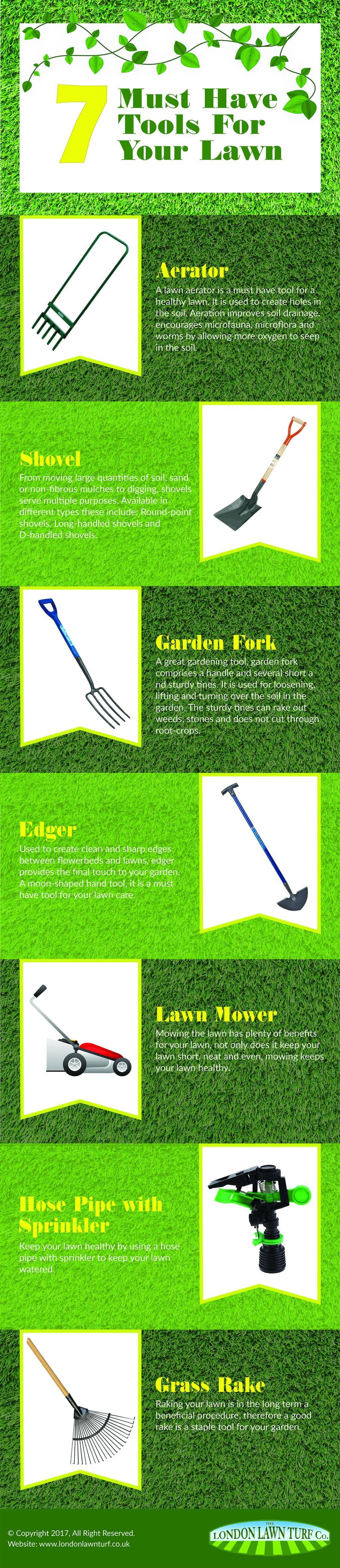 7 Must Have Tools For Your Lawn - Infographic | London Lawn Turf Company